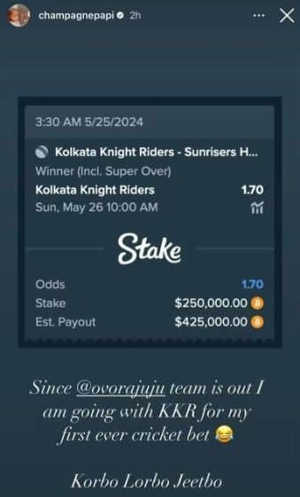 Drake Places 'First Ever Cricket Bet' on KKR to Win IPL 2024