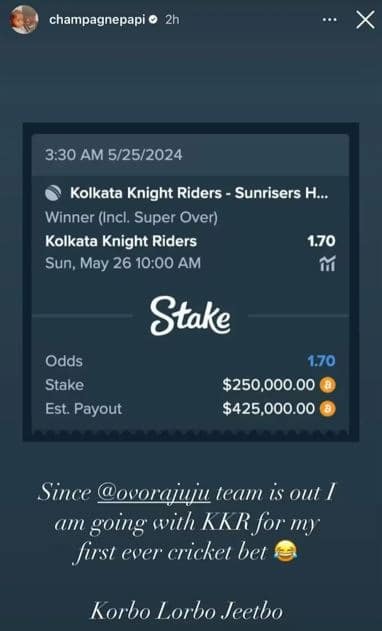 Drake Places 'First Ever Cricket Bet' on KKR to Win IPL 2024